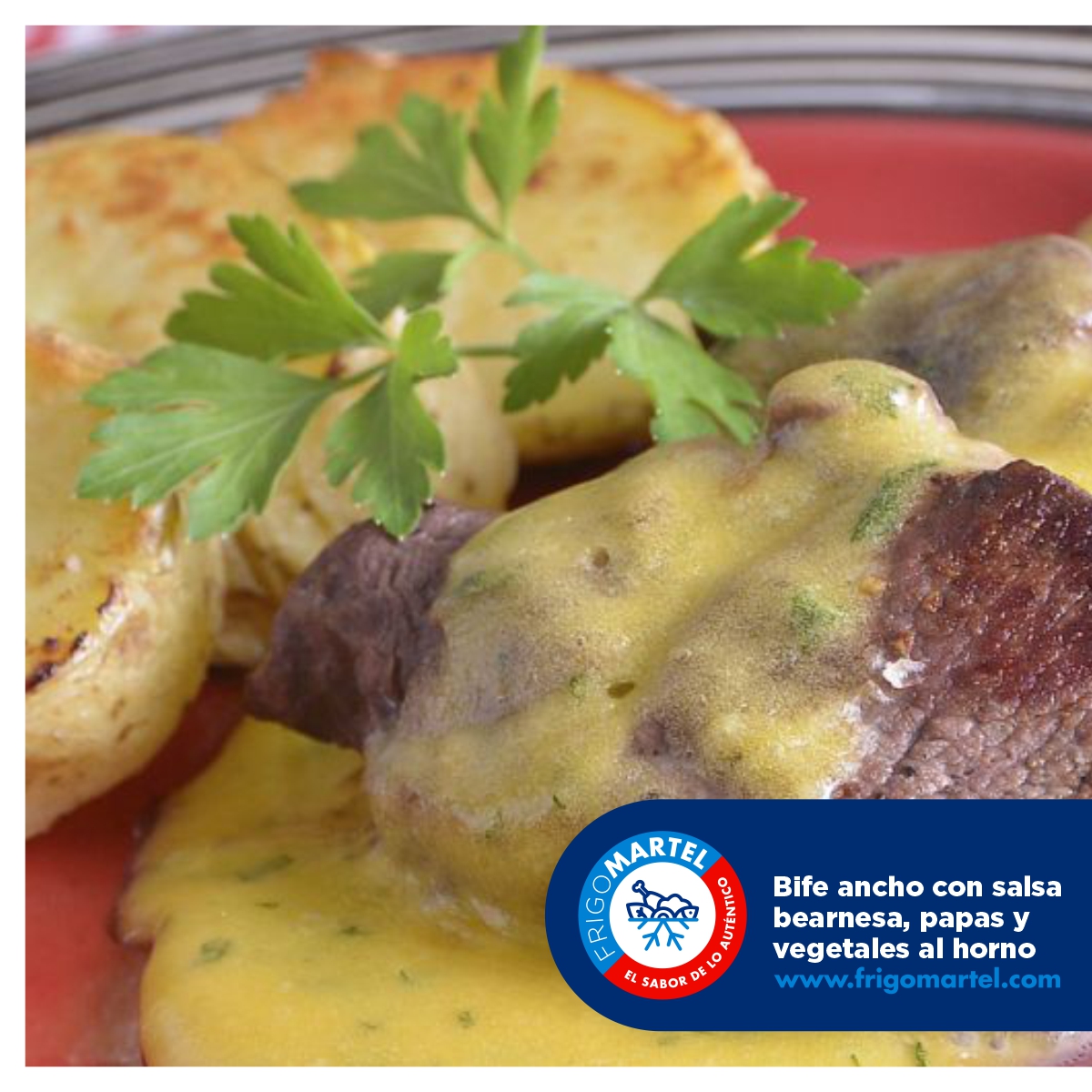 Bife ancho con salsa bearnesa, papas y vegetales al horno » Frigo Martel