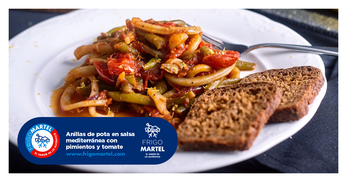 Anillas de pota en salsa mediterránea con pimientos y tomate » Frigo Martel